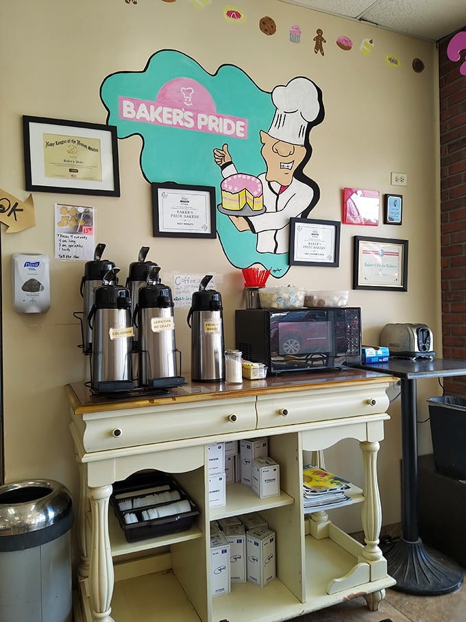 The coffee station&mdash;because what's a donut without its soulmate? Those silver carafes hold the liquid courage needed to face the day.
