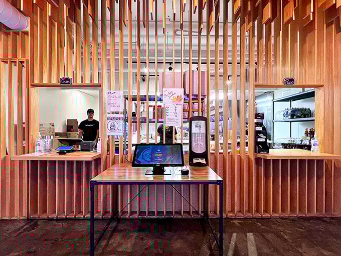 The wooden slat counter creates a modern, zen-like ordering experience. Like the gateway to potato paradise, it promises good things to those who approach.