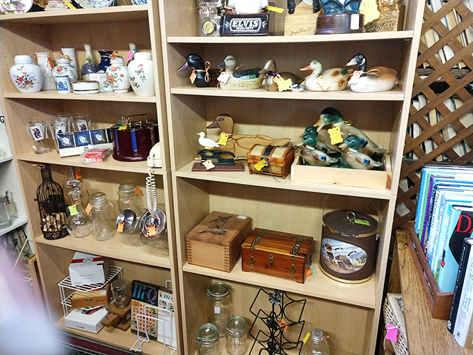 A flock of decorative ducks takes flight on these shelves, alongside vintage glassware and wooden boxes that once held cigars or love letters.
