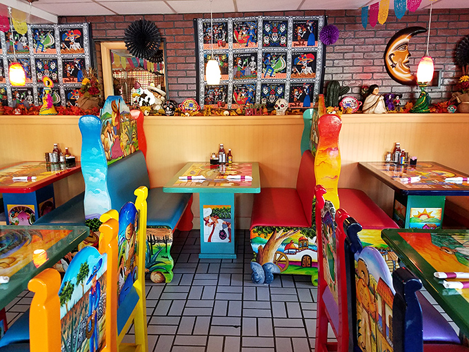 Every booth tells a different story through its artwork, making the hardest part of your meal deciding which colorful scene to sit with.