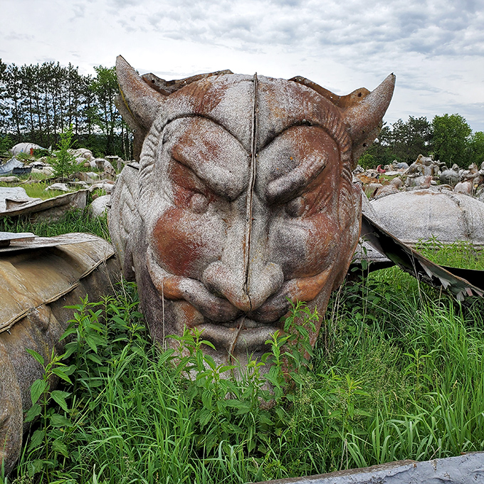 Not your average garden gnome! This devilishly expressive face emerges from the grass like a demon who's quite comfortable with his retirement in Wisconsin.