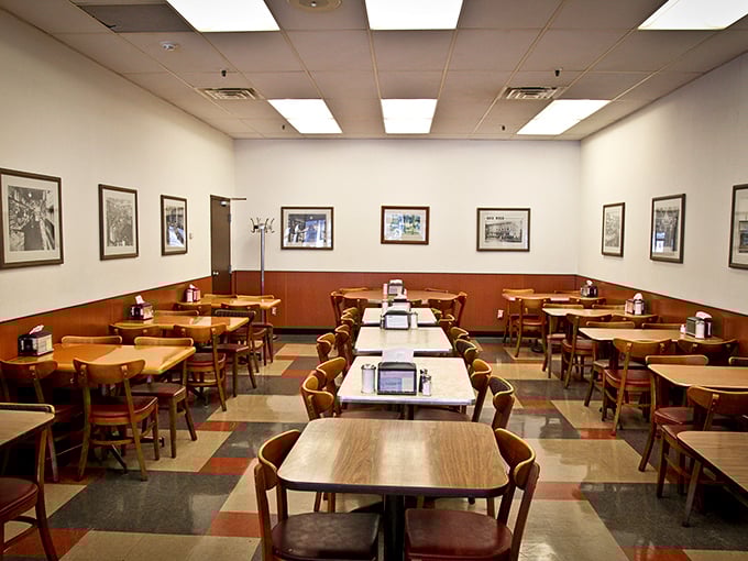 The dining room waits patiently for the lunch rush, like a theater before the curtain rises on the daily sandwich drama.