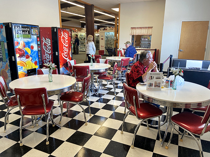The retro diner area offers the perfect pit stop for weary shoppers. Those chrome-edged tables have witnessed countless "Should I buy it?" debates.