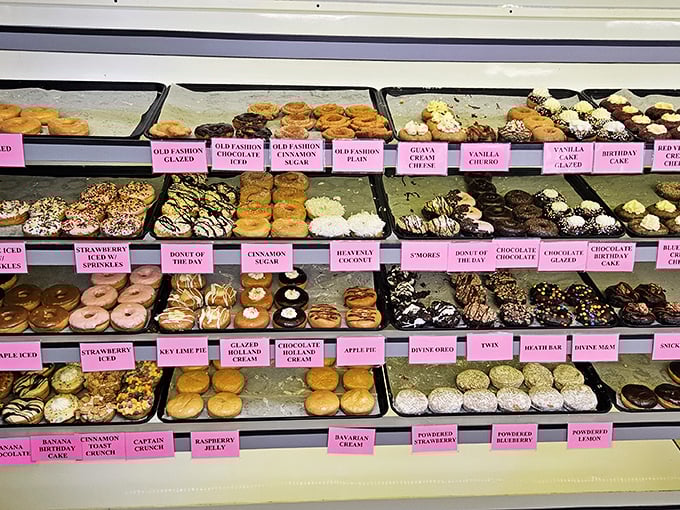 A rainbow of donut possibilities stretches before you. This isn't just breakfast&mdash;it's an edible color wheel of joy.