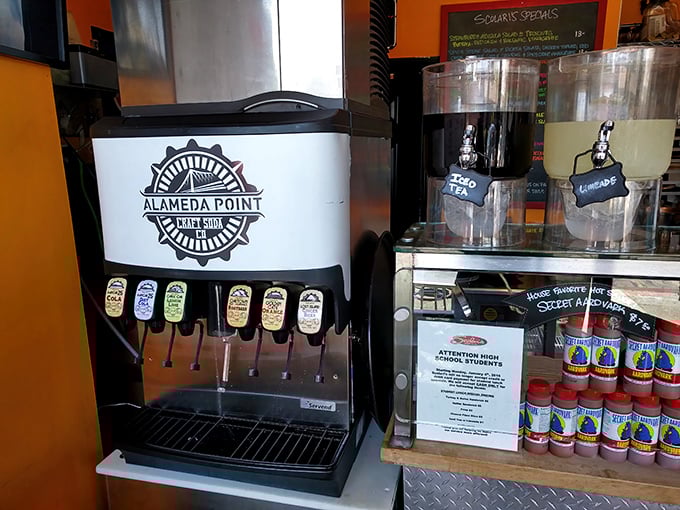 The Alameda Point soda fountain offers sweet liquid refreshment—because sometimes you need something to cut through all that savory goodness.