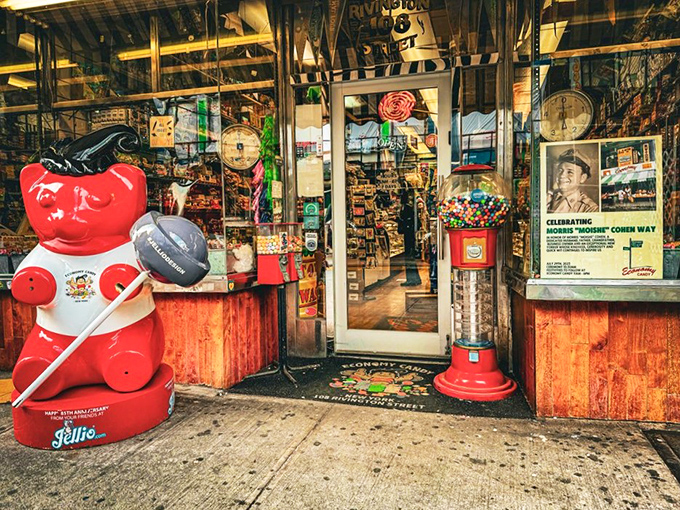 The entrance guardian &ndash; a giant red bear &ndash; stands watch over this temple of treats, welcoming pilgrims on their sugar-seeking journey.