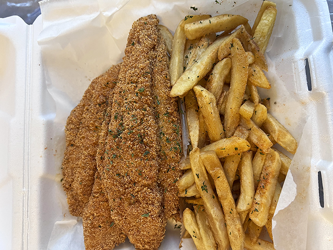 Golden-brown perfection: crispy fish with seasoned fries that prove Top Corned Beef isn't just a one-trick pony in Milwaukee's food scene.