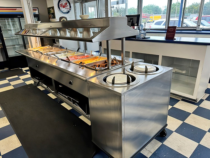 The steam table stands ready for lunch service&mdash;a gleaming promise of Southern comfort food that will make you forget all about counting calories.