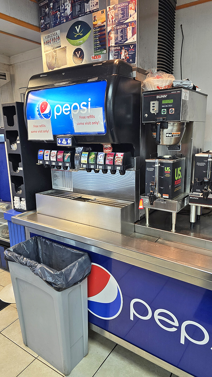 Thirst-quenching options await at this beverage station where you can fill your cup with soda or a warm coffee blend.