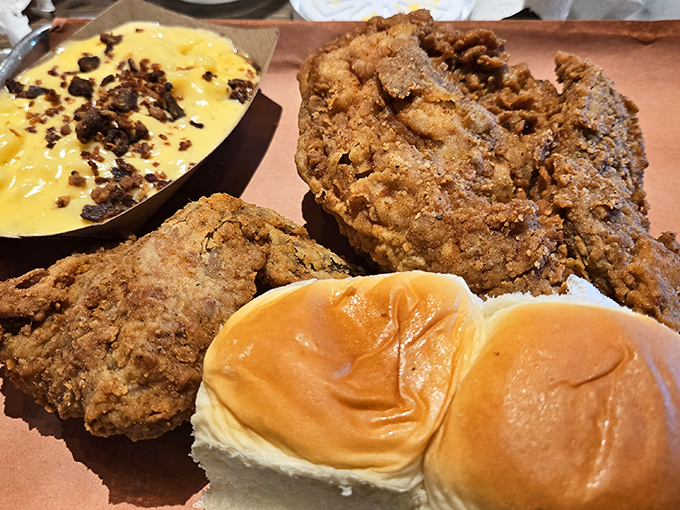 Southern fried chicken so perfectly golden, it makes Colonel Sanders look like he's still in basic training.