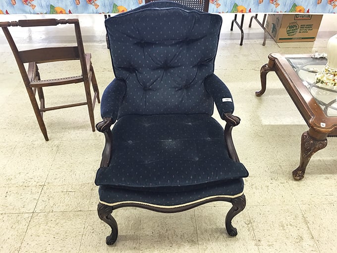 That blue armchair isn't just furniture—it's a time machine to your grandmother's living room, priced less than a fancy dinner.