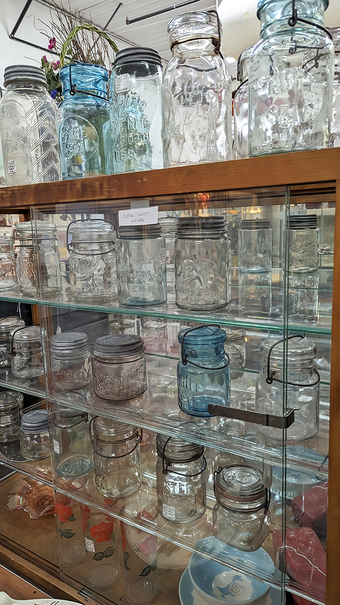 Mason jars galore! Before they became hipster wedding decorations, these blue and clear vessels preserved summer's bounty for winter's table.