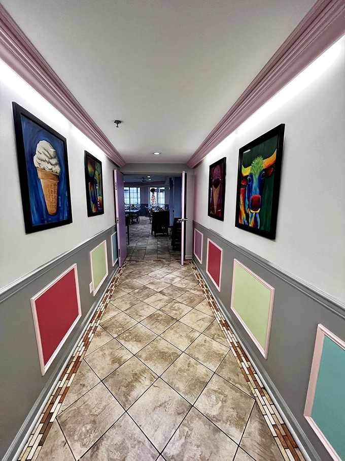 Walking this hallway is like entering Willy Wonka's factory, if Wonka had better taste in art and a fondness for colorful wall panels.