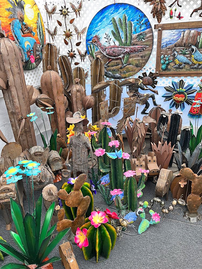 Desert meets imagination in this metalwork menagerie—rustic cacti and desert creatures crafted from materials as resilient as Arizona itself.