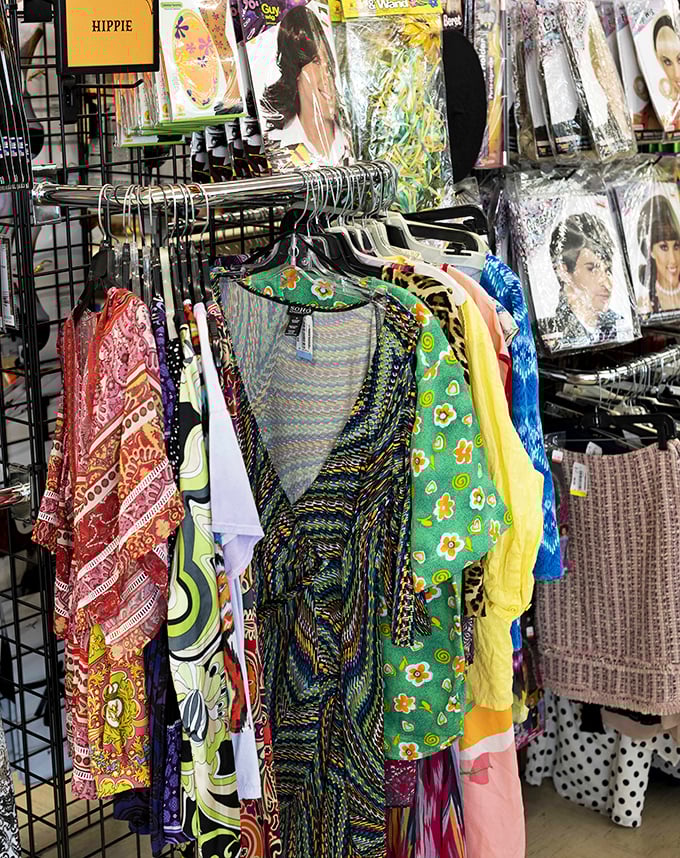 The vintage clothing rack &ndash; where flower power meets modern fashion sense in a psychedelic reunion of styles spanning decades.