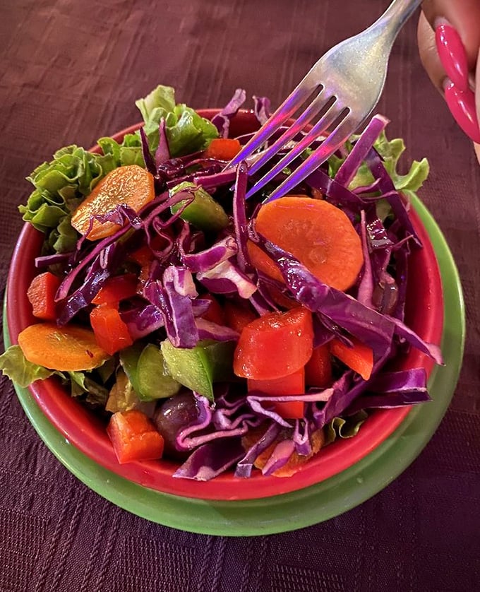 A symphony of purple cabbage and bright carrots&mdash;proof that vegetarian eating is about adding color to your life, not subtracting options.