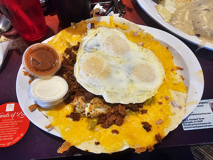 Huevos Rancheros that could settle international disputes. When eggs, cheese, and chorizo unite, world peace seems possible.