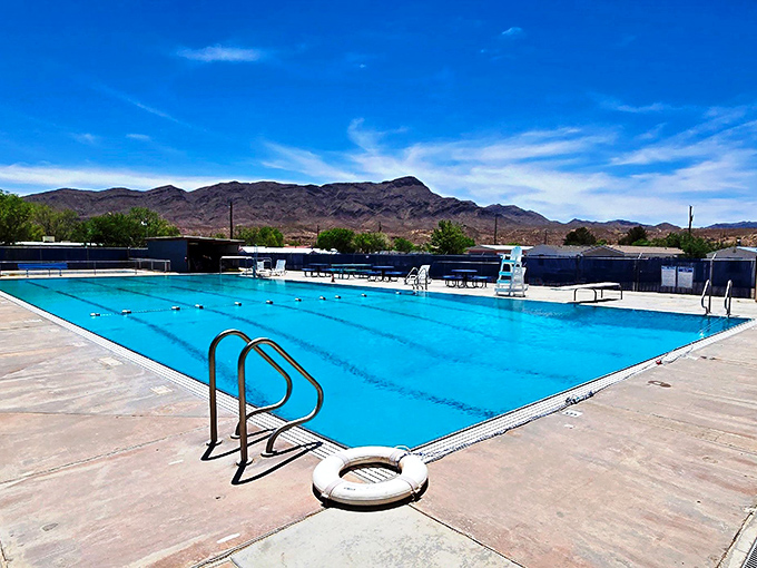 This swimming pool might be the bluest thing in New Mexico, offering cool relief against a backdrop of chocolate-colored mountains.