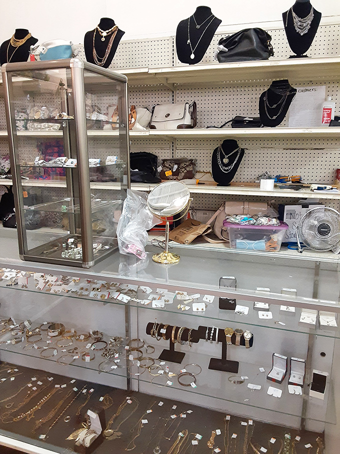 Jewelry that tells stories. Previous lives sparkle behind glass, waiting for new wrists, necks, and special occasions.