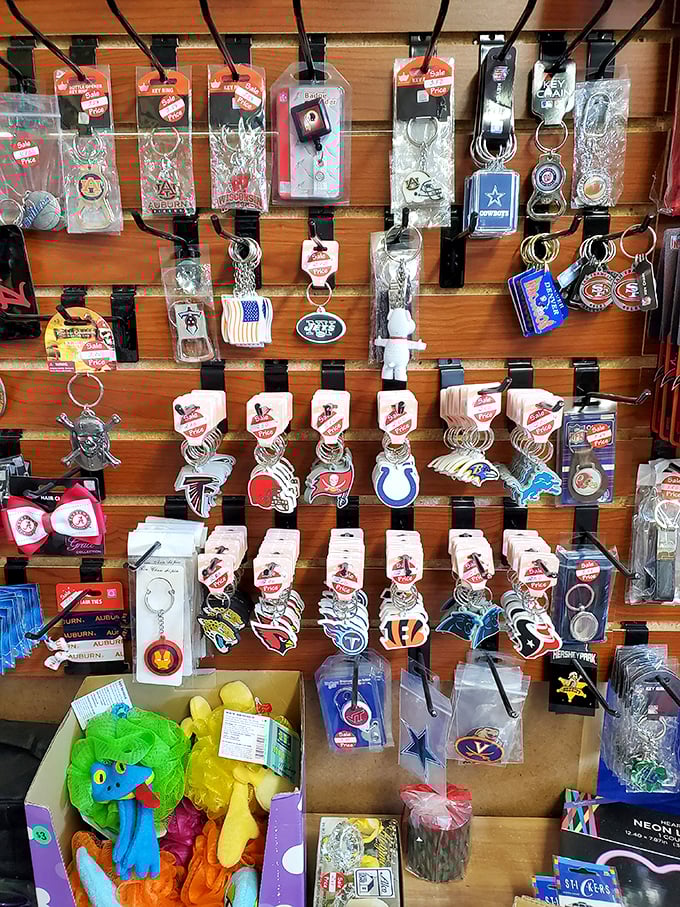 Sports team keychains hang like championship banners, letting visitors declare their allegiances while keeping track of their car keys.