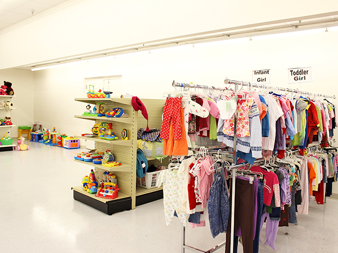 The children's section: where parents can find barely-worn clothes for rapidly growing kids without the mall price tags.