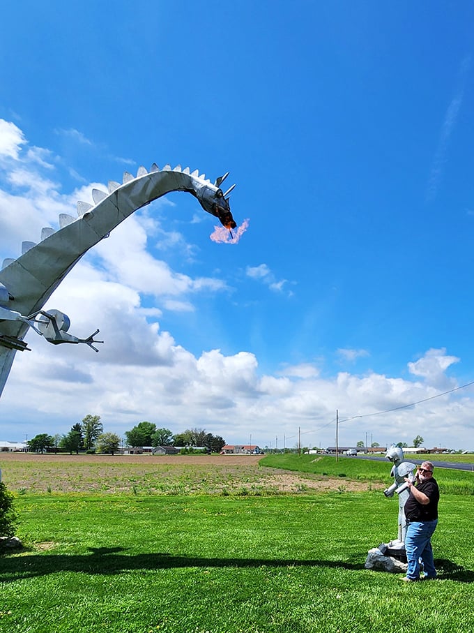 The knight and dragon create a whimsical medieval tableau that seems delightfully out of place amid power lines and cornfields.