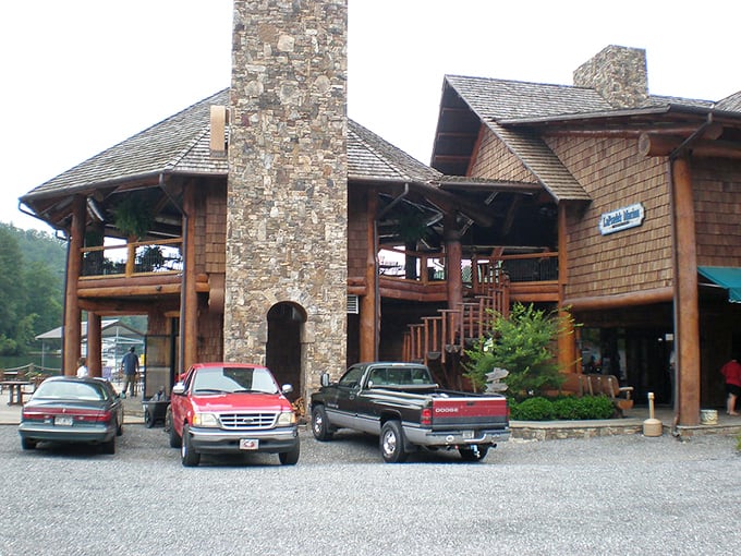 LaPrade's Marina combines rugged mountain architecture with lakeside leisure, proving that "roughing it" can include stone fireplaces and covered parking.