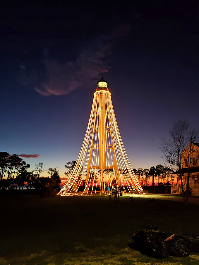 The lighthouse transforms into a magical light display after dark. Like something from a fairy tale, it guides dreams rather than ships.