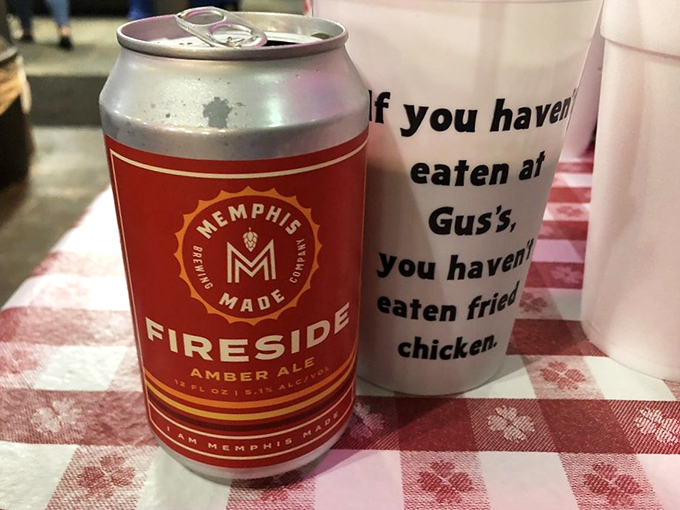"If you haven't eaten at Gus's, you haven't eaten fried chicken"&mdash;a bold claim on that cup, but the local beer suggests you're in for authenticity.