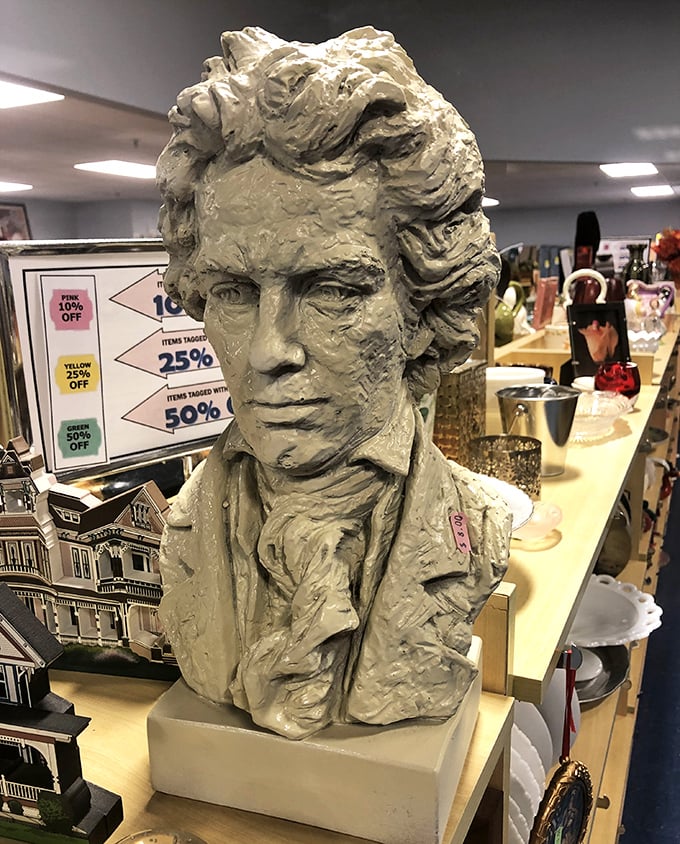 Beethoven watches over the housewares with stony disapproval. At that price, you can bring home this conversation piece and let him judge your dinner guests instead.