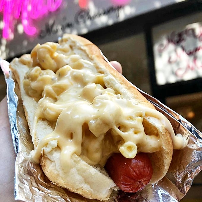 The mac and cheese hot dog: when two comfort food icons meet and decide to become best friends forever.