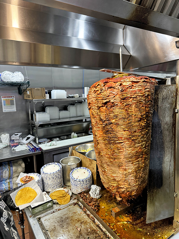 The trompo&mdash;a spinning tower of marinated pork that hypnotizes you while it slowly roasts to caramelized perfection.