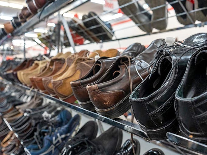 Men's dress shoes lined up like distinguished gentlemen at a gala. Some show their age proudly; others look barely danced in.