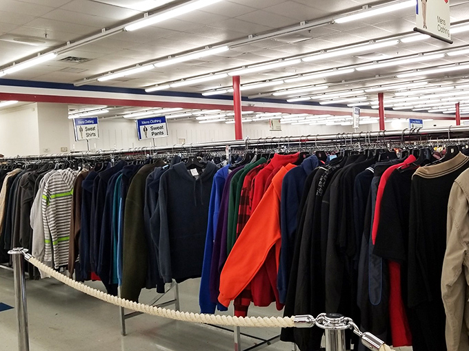 Men's clothing section: where fashion trends from every decade peacefully coexist like a sartorial United Nations.