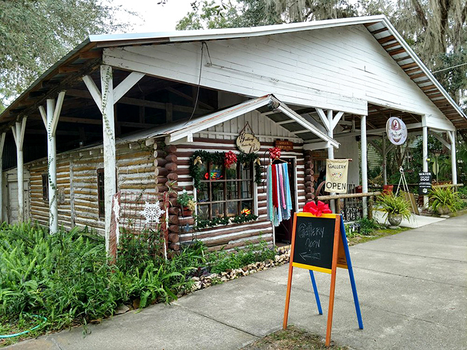 This rustic log cabin gallery proves that in Micanopy, even the art comes with a side of authentic Florida cracker charm.