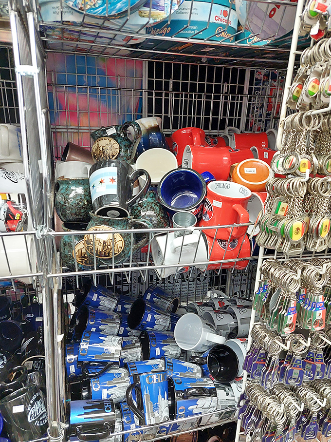 Mugs and keychains celebrating the city that gave us deep dish pizza and a river we dye green once a year.