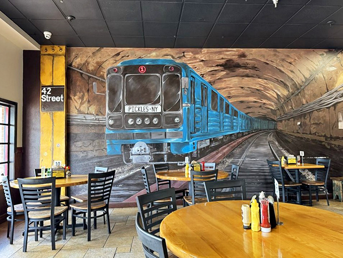 The subway mural transforms lunch into a New York adventure. Who needs a MetroCard when you've got a menu in hand?