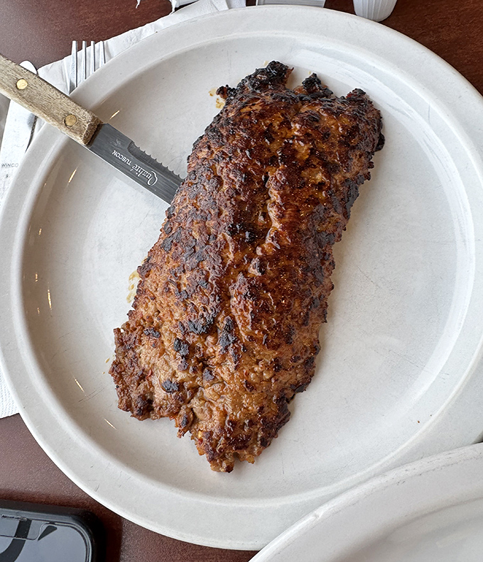 A steak that's crossed the line from dinner to breakfast and isn't apologizing to anyone about it.