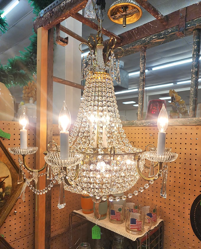 Grandeur hanging from pegboard! This chandelier waited decades to transform your dining room into a scene from "The Crown."