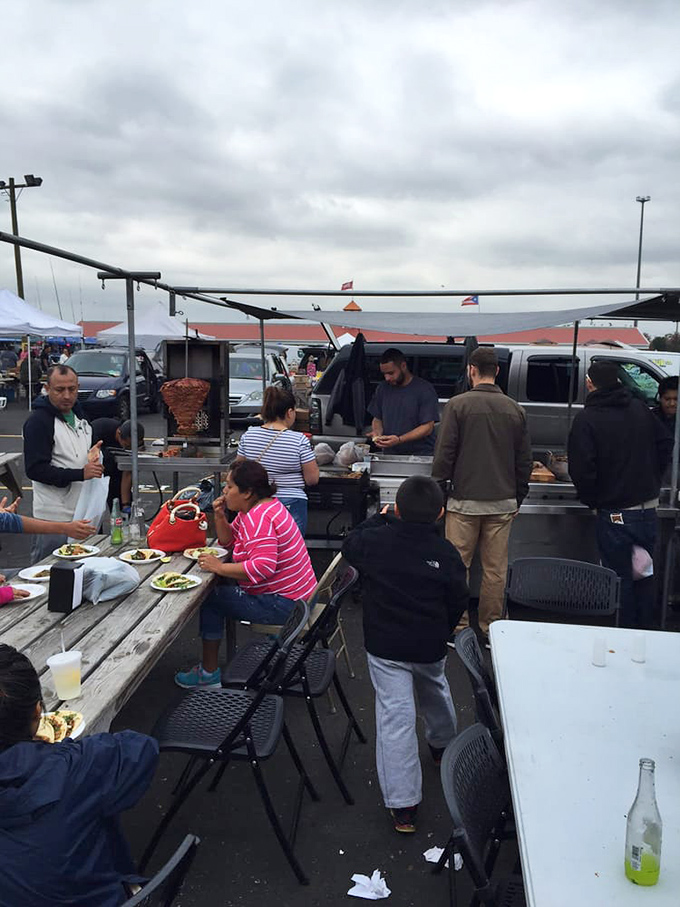 Outdoor food vendors create an impromptu dining experience. Picnic tables and food trucks&mdash;the original pop-up restaurant concept before it was trendy.