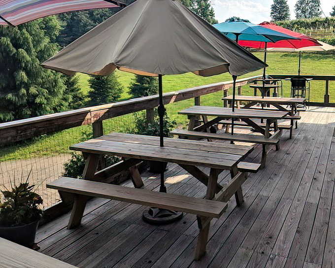 Umbrella-shaded picnic tables on the deck offer front-row seats to nature's show&mdash;rolling hills and vineyard views that enhance every sip.