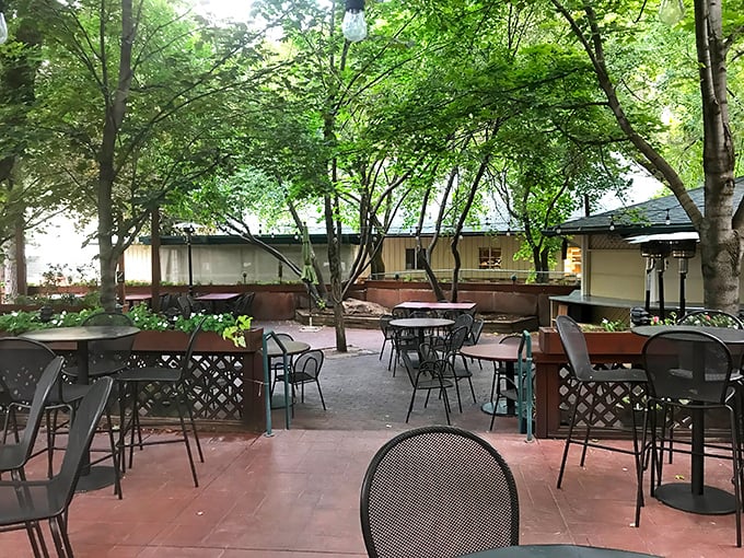 Under the dappled shade of mature trees, Ruth's patio offers the rare opportunity to commune with nature while communing with meatloaf.