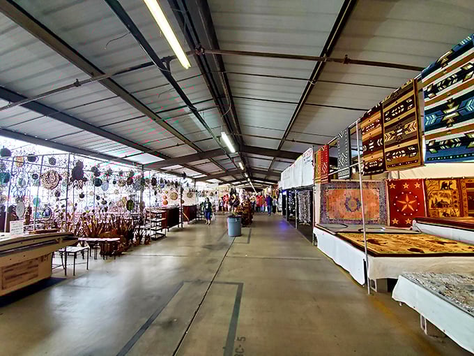 A shopper's highway stretching into the distance, where each booth is an exit to a different world of collectibles and crafts.