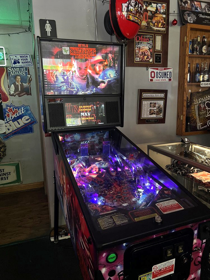 Even the entertainment at Thurman's goes retro. This Stranger Things pinball machine offers the perfect distraction while waiting for your burger monument.