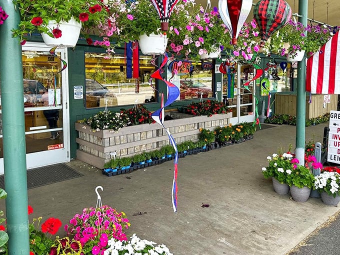 The entrance blooms with possibility&mdash;these flowers and hanging baskets offer a colorful welcome to shoppers seeking both beauty and bargains.