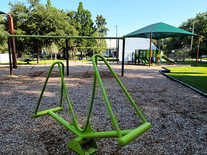 The playground equipment might be modern, but that open green space harkens back to when "screen time" meant sitting on the porch watching fireflies.