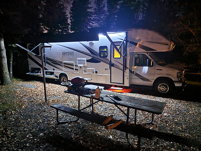 Glamping goals achieved! This RV setup proves you can bring some comforts of home while still claiming you "roughed it" in the woods.