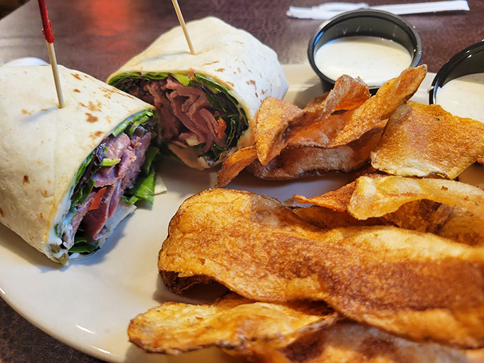This roast beef wrap with house-made chips isn't just lunch&mdash;it's edible architecture with layers of flavor in every bite.