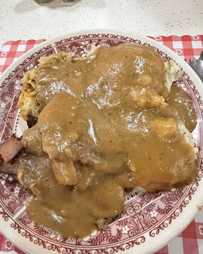 Roast beef swimming in rich gravy atop mashed potatoes&mdash;a plate that whispers "nap time" in the most delicious way possible.