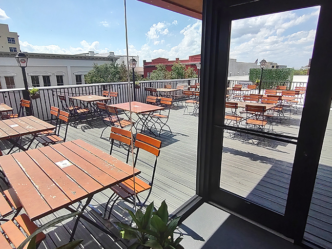 The rooftop biergarten provides a breath of fresh air and a bird's-eye view of historic Sanford&mdash;the perfect setting for an afternoon of German indulgence.